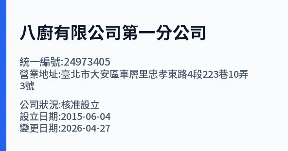 八廚有限公司第一分公司的照片-統編 24973405(臺北市) 公司登記資料與營業項目詳細圖表