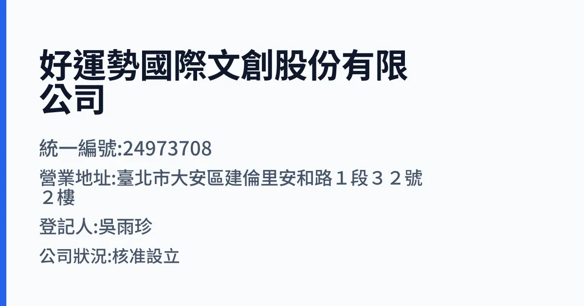好運勢國際文創股份有限公司 - 統編 24973708(臺北市) 公司登記資料與營業項目詳細圖表
