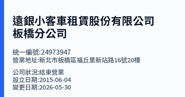 遠銀小客車租賃股份有限公司板橋分公司的照片-統編 24973947(新北市) 公司登記資料與營業項目詳細圖表