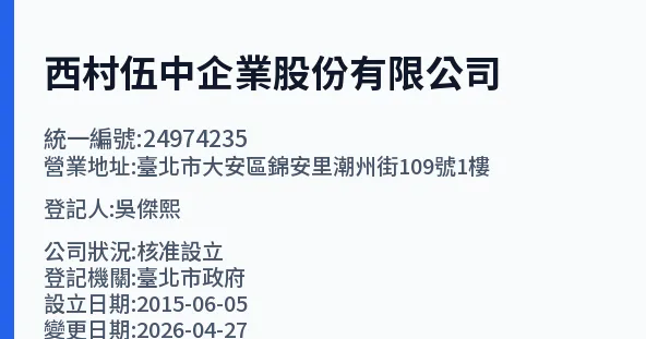 西村伍中企業股份有限公司的照片-統編 24974235(臺北市) 公司登記資料與營業項目詳細圖表