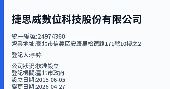 捷思威數位科技股份有限公司的照片-統編 24974360(臺北市) 公司登記資料與營業項目詳細圖表