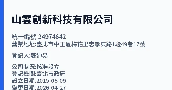 山雲創新科技有限公司的照片-統編 24974642(臺北市) 公司登記資料與營業項目詳細圖表