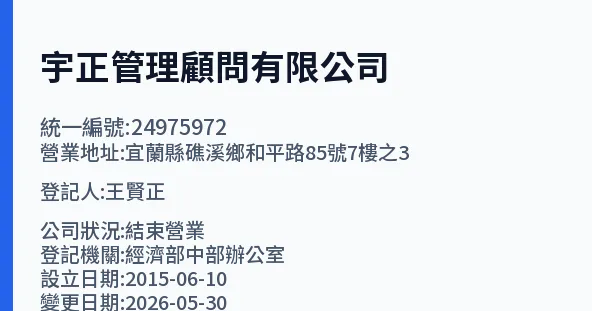 宇正管理顧問有限公司的照片-統編 24975972(宜蘭縣) 公司登記資料與營業項目詳細圖表