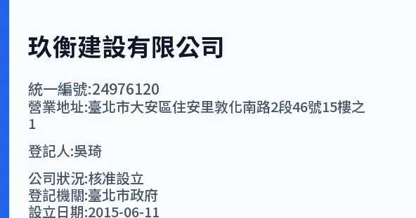 玖衡建設有限公司的照片-統編 24976120(臺北市) 公司登記資料與營業項目詳細圖表