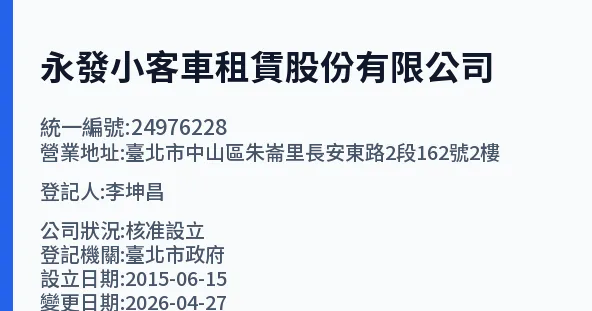 永發小客車租賃股份有限公司的照片-統編 24976228(臺北市) 公司登記資料與營業項目詳細圖表
