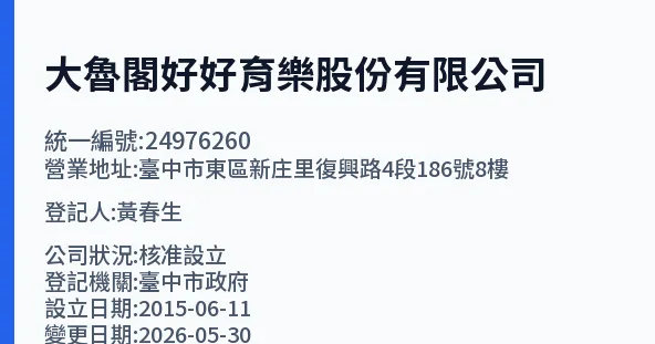 大魯閣好好育樂股份有限公司的照片-統編 24976260(臺中市) 公司登記資料與營業項目詳細圖表