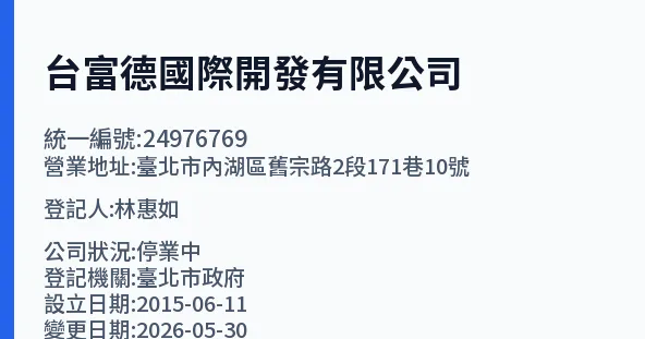 台富德國際開發有限公司的照片-統編 24976769(臺北市) 公司登記資料與營業項目詳細圖表
