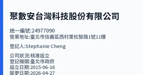 聚數安台灣科技股份有限公司的照片-統編 24977090(臺北市) 公司登記資料與營業項目詳細圖表