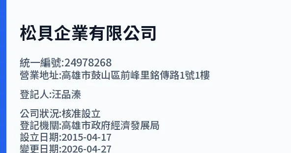松貝企業有限公司的照片-統編 24978268(高雄市) 公司登記資料與營業項目詳細圖表