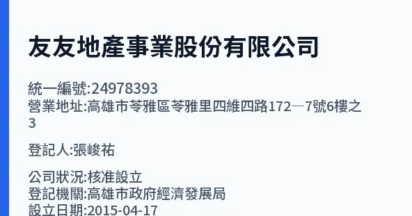 友友地產事業股份有限公司的照片-統編 24978393(高雄市) 公司登記資料與營業項目詳細圖表