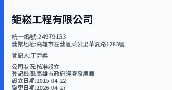 鉅崧工程有限公司的照片-統編 24979153(高雄市) 公司登記資料與營業項目詳細圖表