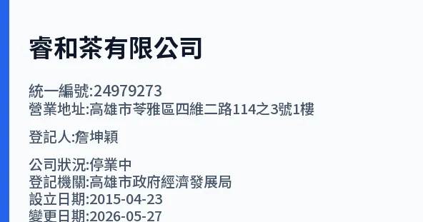 睿和茶有限公司的照片-統編 24979273(高雄市) 公司登記資料與營業項目詳細圖表