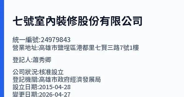 七號室內裝修股份有限公司的照片-統編 24979843(高雄市) 公司登記資料與營業項目詳細圖表