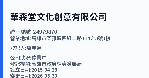 華森堂文化創意有限公司的照片-統編 24979870(高雄市) 公司登記資料與營業項目詳細圖表