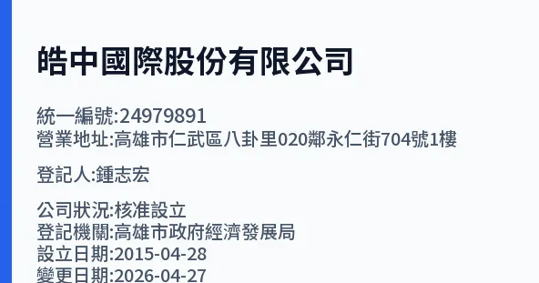 皓中國際股份有限公司的照片-統編 24979891(高雄市) 公司登記資料與營業項目詳細圖表