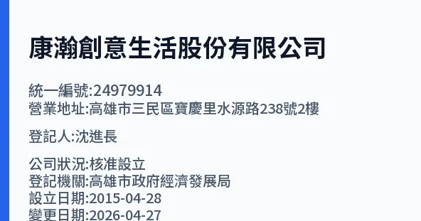 康瀚創意生活股份有限公司的照片-統編 24979914(高雄市) 公司登記資料與營業項目詳細圖表