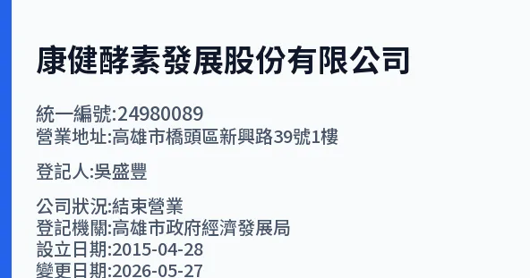 康健酵素發展股份有限公司的照片-統編 24980089(高雄市) 公司登記資料與營業項目詳細圖表