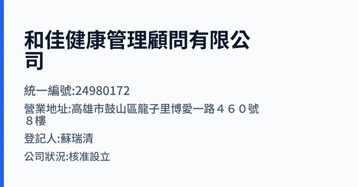 和佳健康管理顧問有限公司 - 統編 24980172(高雄市) 公司登記資料與營業項目詳細圖表