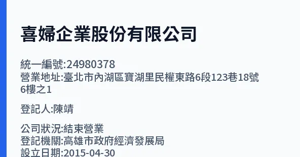 喜婦企業股份有限公司的照片-統編 24980378(臺北市) 公司登記資料與營業項目詳細圖表