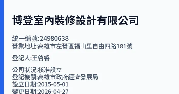 博登室內裝修設計有限公司的照片-統編 24980638(高雄市) 公司登記資料與營業項目詳細圖表