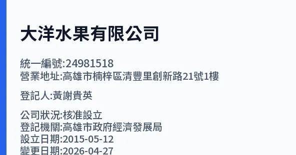 大洋水果有限公司的照片-統編 24981518(高雄市) 公司登記資料與營業項目詳細圖表