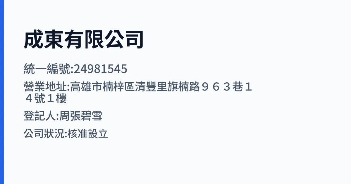 成東有限公司 - 統編 24981545(高雄市) 公司登記資料與營業項目詳細圖表