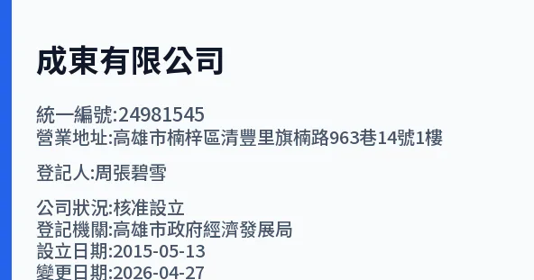 成東有限公司的照片-統編 24981545(高雄市) 公司登記資料與營業項目詳細圖表