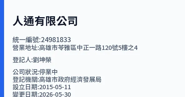 人通有限公司的照片-統編 24981833(高雄市) 公司登記資料與營業項目詳細圖表