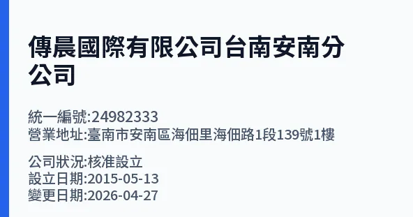 傳晨國際有限公司台南安南分公司的照片-統編 24982333(臺南市) 公司登記資料與營業項目詳細圖表