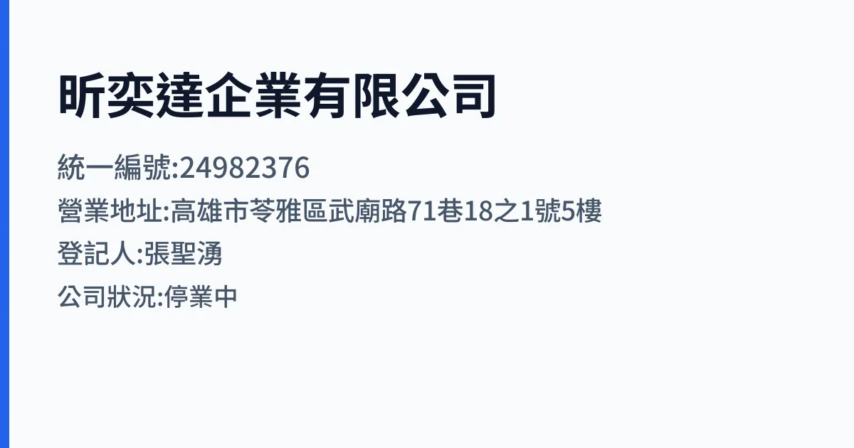 昕奕達企業有限公司 - 統編 24982376（高雄市） 公司登記資料與營業項目詳細圖表
