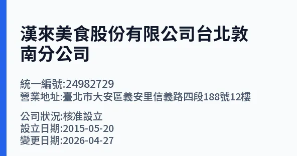 漢來美食股份有限公司台北敦南分公司的照片-統編 24982729(臺北市) 公司登記資料與營業項目詳細圖表