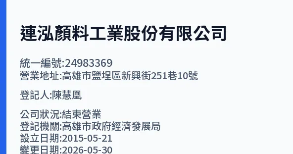 連泓顏料工業股份有限公司的照片-統編 24983369(高雄市) 公司登記資料與營業項目詳細圖表