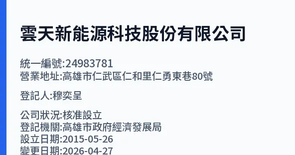 雲天新能源科技股份有限公司的照片-統編 24983781(高雄市) 公司登記資料與營業項目詳細圖表