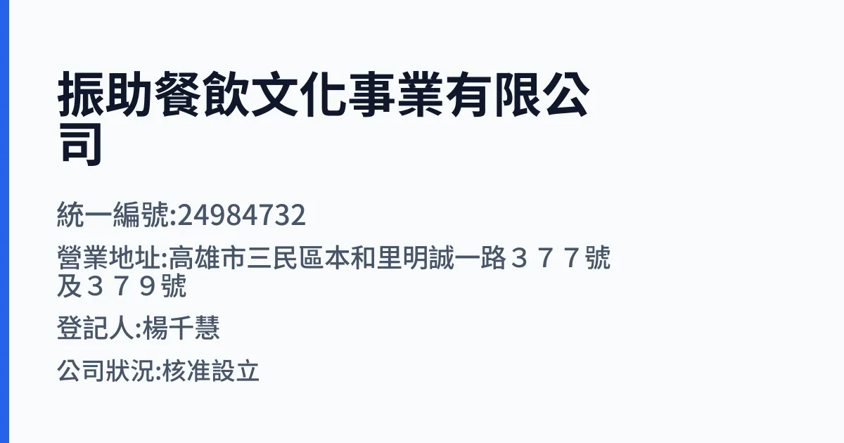 振助餐飲文化事業有限公司 - 統編 24984732(高雄市) 公司登記資料與營業項目詳細圖表
