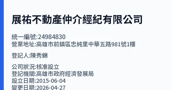 展祐不動產仲介經紀有限公司的照片-統編 24984830(高雄市) 公司登記資料與營業項目詳細圖表