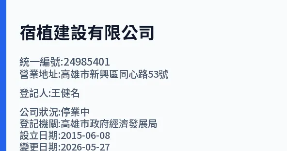 宿植建設有限公司的照片-統編 24985401(高雄市) 公司登記資料與營業項目詳細圖表