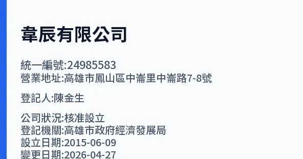 韋辰有限公司的照片-統編 24985583(高雄市) 公司登記資料與營業項目詳細圖表