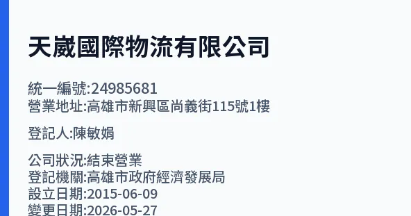 天崴國際物流有限公司的照片-統編 24985681(高雄市) 公司登記資料與營業項目詳細圖表