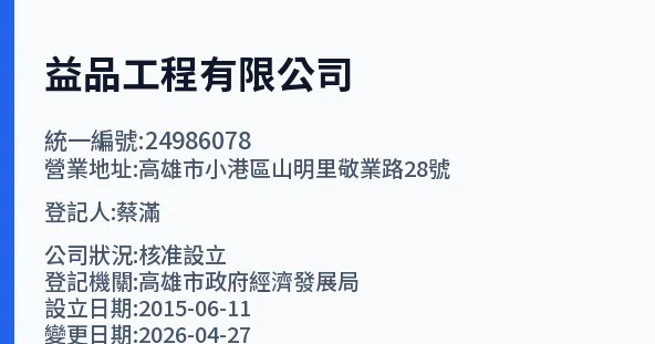 益品工程有限公司的照片-統編 24986078(高雄市) 公司登記資料與營業項目詳細圖表