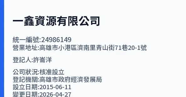 一鑫資源有限公司的照片-統編 24986149(高雄市) 公司登記資料與營業項目詳細圖表
