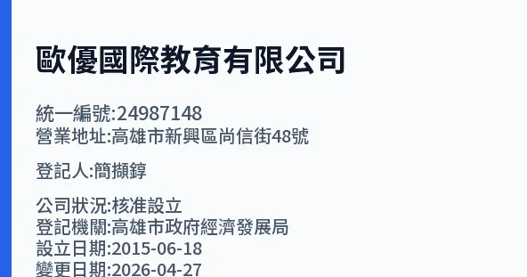 歐優國際教育有限公司的照片-統編 24987148(高雄市) 公司登記資料與營業項目詳細圖表