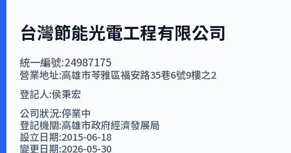 台灣節能光電工程有限公司的照片-統編 24987175(高雄市) 公司登記資料與營業項目詳細圖表