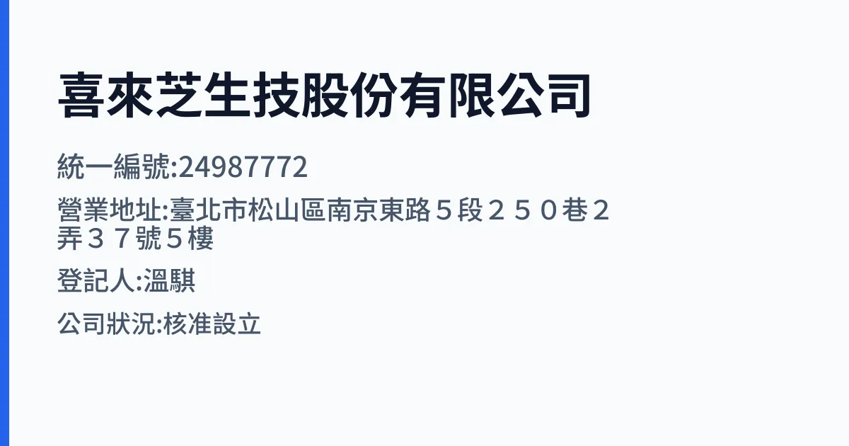 喜來芝生技股份有限公司 - 統編 24987772(臺北市) 公司登記資料與營業項目詳細圖表