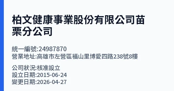 柏文健康事業股份有限公司苗栗分公司的照片-統編 24987870(高雄市) 公司登記資料與營業項目詳細圖表
