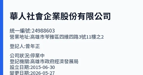 華人社會企業股份有限公司的照片-統編 24988603(高雄市) 公司登記資料與營業項目詳細圖表