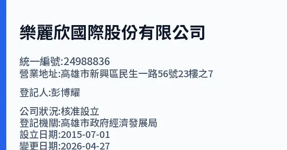 樂麗欣國際股份有限公司的照片-統編 24988836(高雄市) 公司登記資料與營業項目詳細圖表