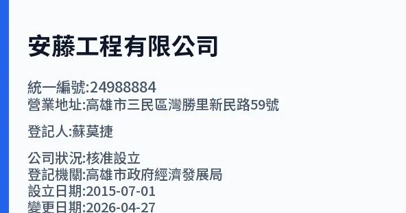 安藤工程有限公司的照片-統編 24988884(高雄市) 公司登記資料與營業項目詳細圖表