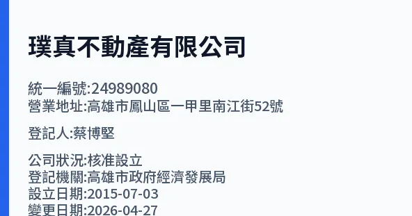璞真不動產有限公司的照片-統編 24989080(高雄市) 公司登記資料與營業項目詳細圖表