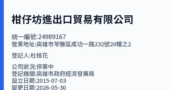 柑仔坊進出口貿易有限公司的照片-統編 24989167(高雄市) 公司登記資料與營業項目詳細圖表