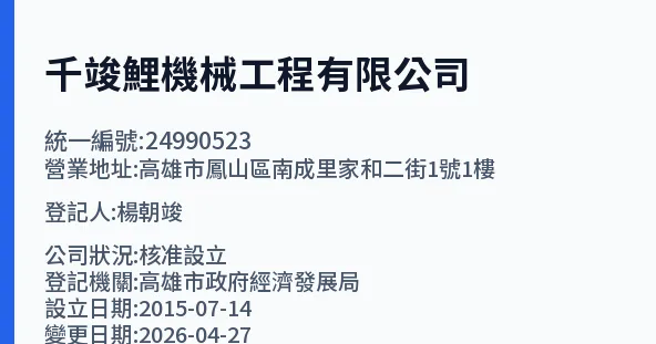 千竣鯉機械工程有限公司的照片-統編 24990523(高雄市) 公司登記資料與營業項目詳細圖表
